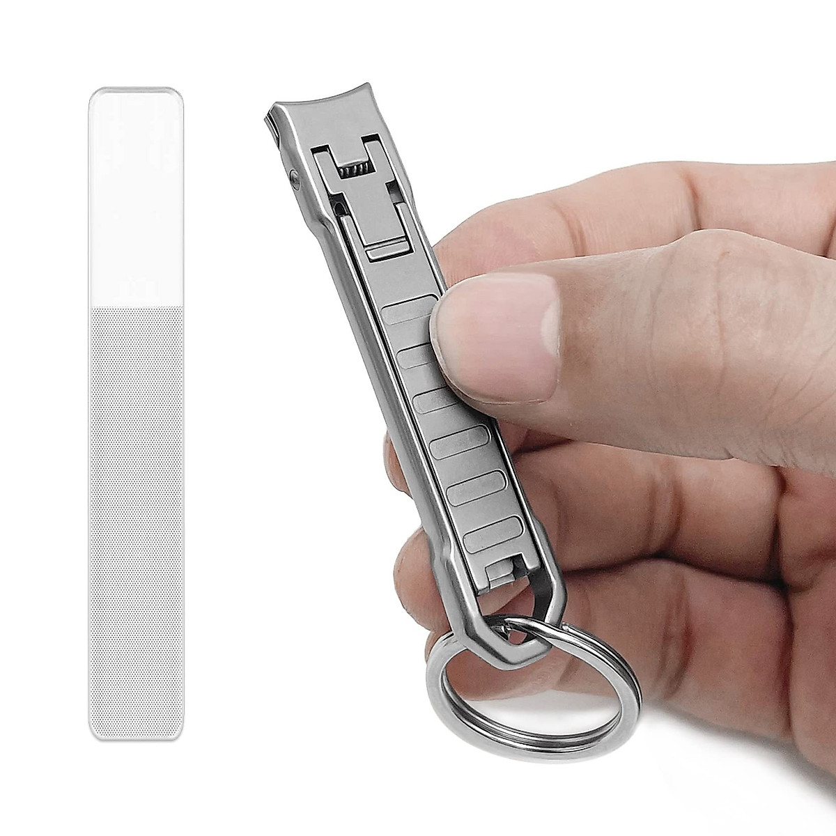 XGIZMOO Nail Clippers for Natural Finger Nails Ultra Thin Mini Travel Portable Folding Wide Jaw Cutter with Glass Nail File Curved Trimmer for Fingernail Toenail, with Keychain(X021DB-S)
