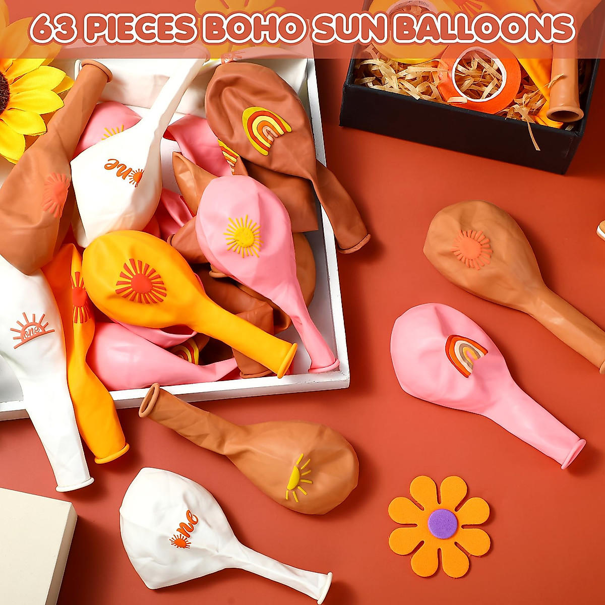 Faccito 63 Pcs Sun First Birthday Party Balloons Boho Rainbow Sunrise Latex Balloons First Trip Around the Sun Party Decorations Half Sun Sunshine Balloons for Birthday Baby Shower Decoration Supplies
