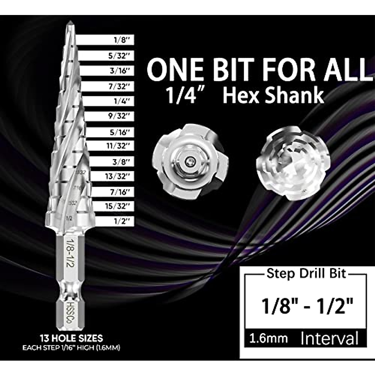 M35 Cobalt Step Drill Bit 1/8" - 1/2"（13 Sizes），Four Helical Flutes, 1/4" Hex Shank Drill.M35 Cobalt Step Drill Bit for Working Metal, Wood, Aluminum, Plastic, Great for DIYers