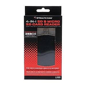 Stealth Cam 4-in-1 Card Reader for iOS & Android Phone Tablet PC USB-C/MicroUSB/USB 2.0/Lightning, Hunting Scouting Trail Camera SD/MicroSD Multi-Port Memory Card Adapter