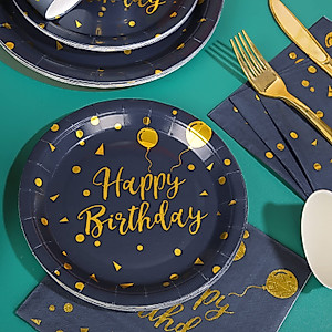 400 Pcs Blue and Gold Birthday Party Supplies Navy Blue Plates and Napkins Set for 50 Guests Gold Dot Paper Plates Napkins Cups Cutlery Set for Boy Birthday Party Decorations
