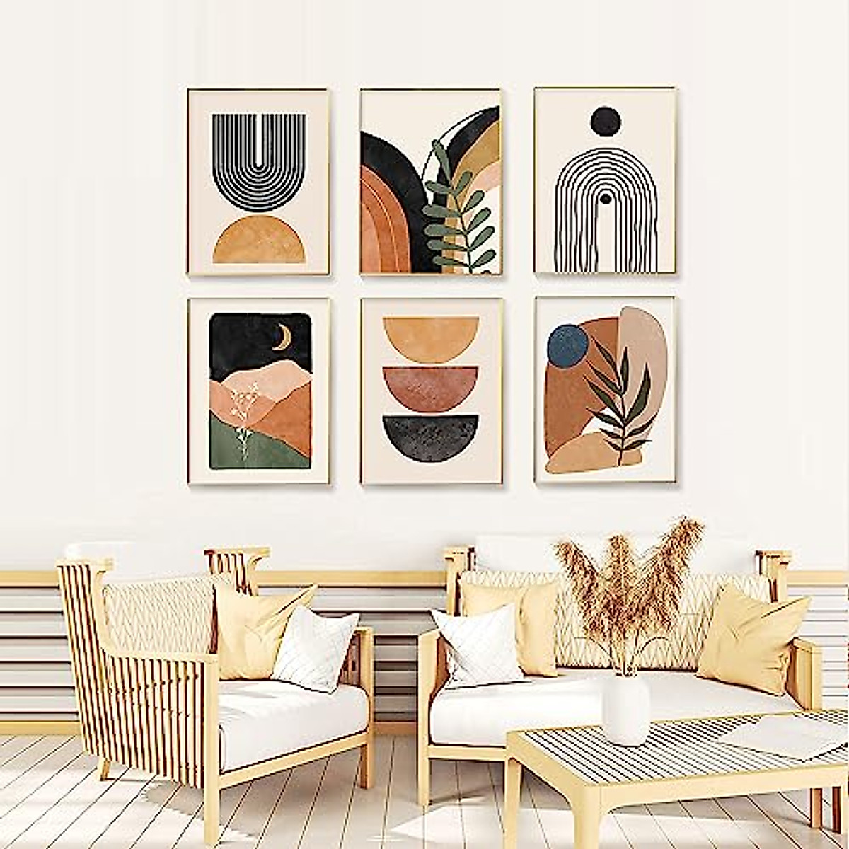 6pcs Frameless Abstract Geometric Canvas Painting Boho Mid-Century Modern Wall Art Minimalist Wall Art Black Beige Neutral Abstract Geometric Print Room Poster Suitable For Living Room Bathroom