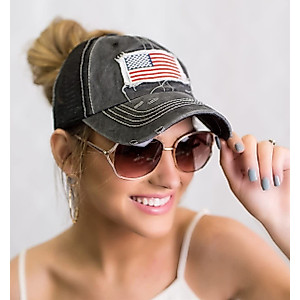 UTOWO Women Baseball-Caps Distressed-American-Flag Ponytail-High-Bun Trucker Dad-Hats (Black - High Ponytail Mesh)