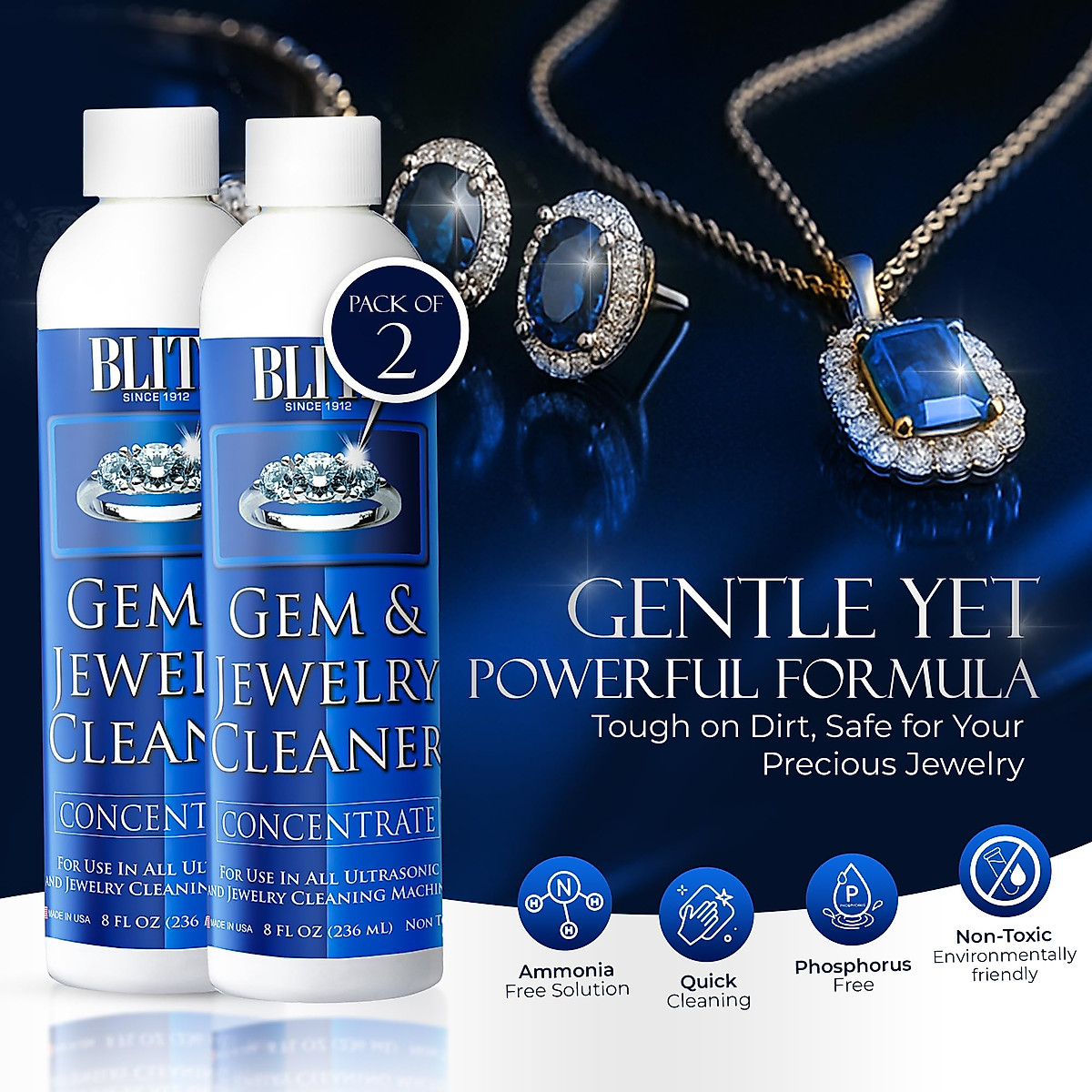 Blitz 653 Gem & Jewelry Non-Toxic Cleaner Concentrate for use in Cleaning Machines, 8 Ounces, 2-Pack