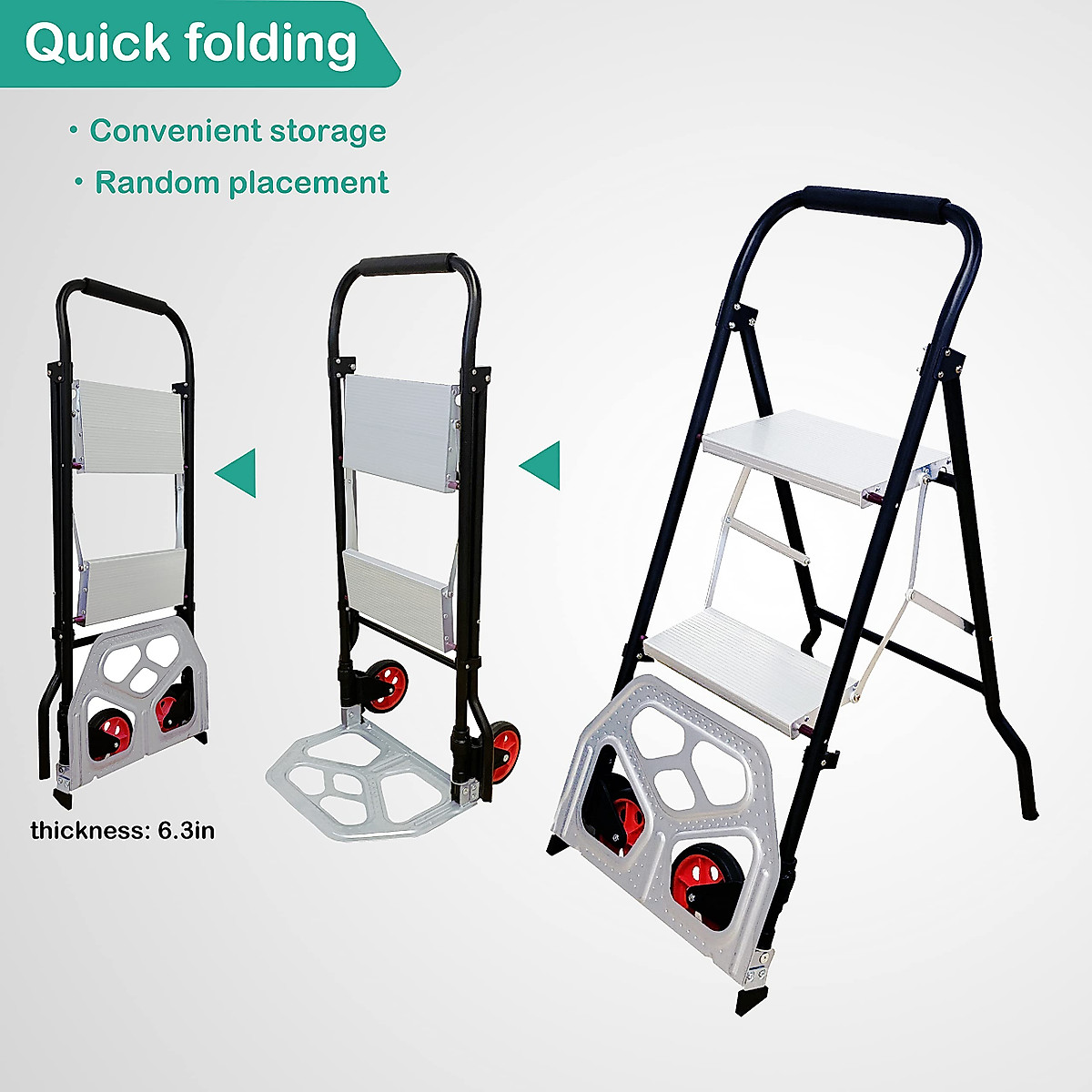LEADALLWAY Hand Truck 2 Step Ladder Multifunction 2-in-1 Collapsible Dolly