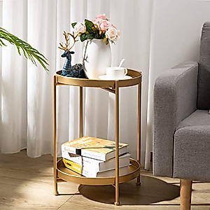 HollyHOME 2-Tier Round Metal End Side Table, Accent Anti-Rust Waterproof Simplistic Sofa Table, Modern Tray Outdoor&Indoor Folding Coffee Table, (D) 15.75" x(H) 20.47", Golden