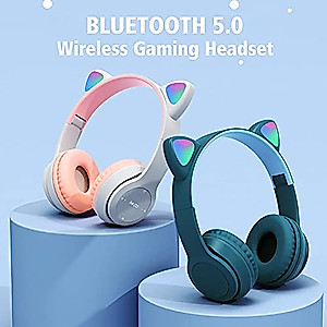 UXELY Cute Cat Ears Light Up Wireless Gaming Headset, Bluetooth 5.0 Headphones with LED Lights, Stretchable, Foldable, Adjustable Gaming Headphones for Kids Adults(Purple)