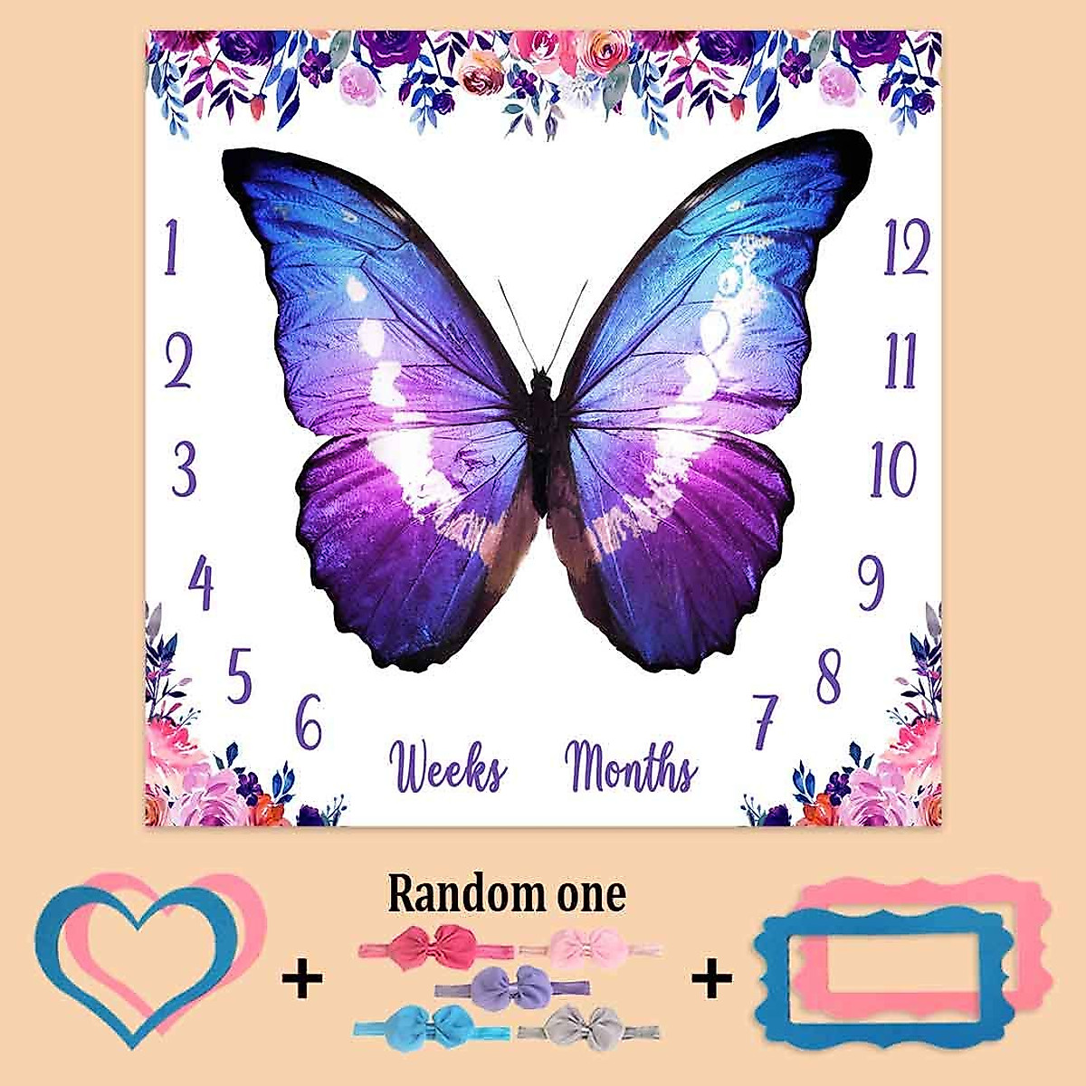 PHMOJEN Baby Monthly Milestone Blanket, Colorful Butterfly Wings Flowers Blanket for Nursery, Girl 1-12 Months, Includes 4 Frame and 1 Headband 40"x40" BTLSPH432