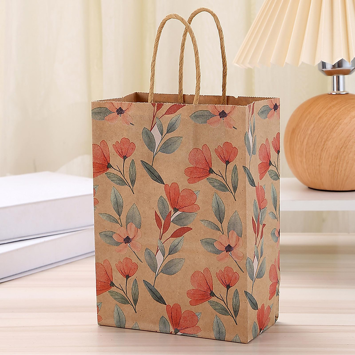 24pcs Floral Pattern Kraft Paper Bag Gift Bags with Handles for Party Favors, Mothers Day, Weddings, Birthday Celebration, Baby Shower,8.26×5.9×3.14inch