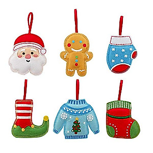 Christmas Ornaments - Set of 6 Plush Felt Handmade Hanging Decorations in Santa, Gingerbread Man, Mitten, Elf Shoe, Ugly Sweater, Stocking Design for Trees and Advent Calendars - Approx. 3.5" Each