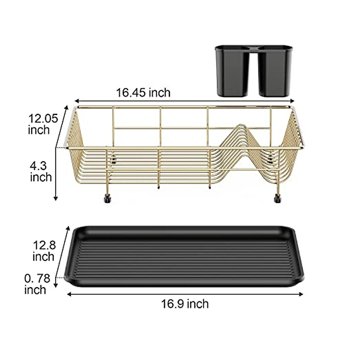 GSlife Dish Drying Rack with Drainboard - Dish Racks for Kitchen Counter, Dish Drainer with Utensil Holder, No Drain Spout, Gold and Black