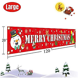Large Merry Christmas Banner Xmas Decoration Snowman Christmas Tree Hanging Huge Sign Holiday Party Supplies Home Decor for Outdoor,Indoor,Yard,Garden,Porch,Lawn