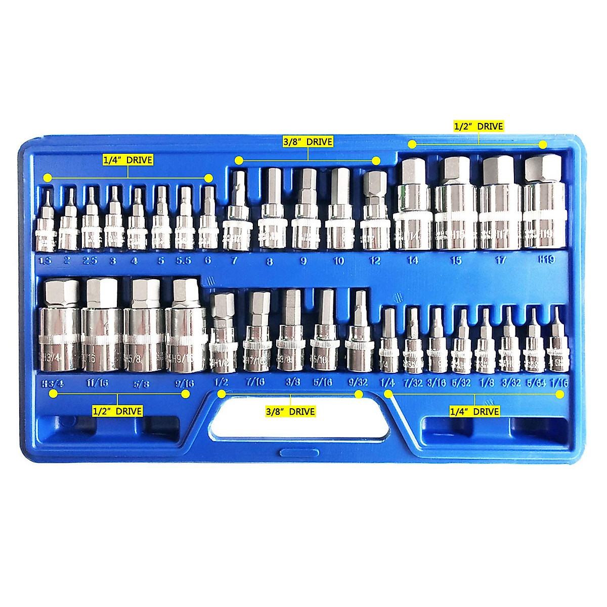 Master Hex Bit Socket Set Allen Wrench Bit Kit Hex Key for Ratchet Socket Tool SAE and Metric Set 3/8, 1/4, 1/2 Drive Socket Set 34-Piece