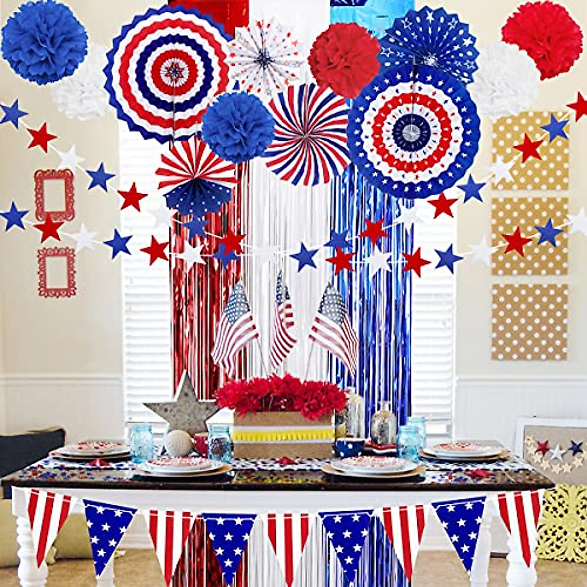 MOVINPE 4th of July Patriotic Party Decorations Set, American Flag Hanging Paper Fans, Pompoms Flowers, Foil Fringe Curtain, Star Streamers, USA Pennant Bunting Independence Day Party Supplies