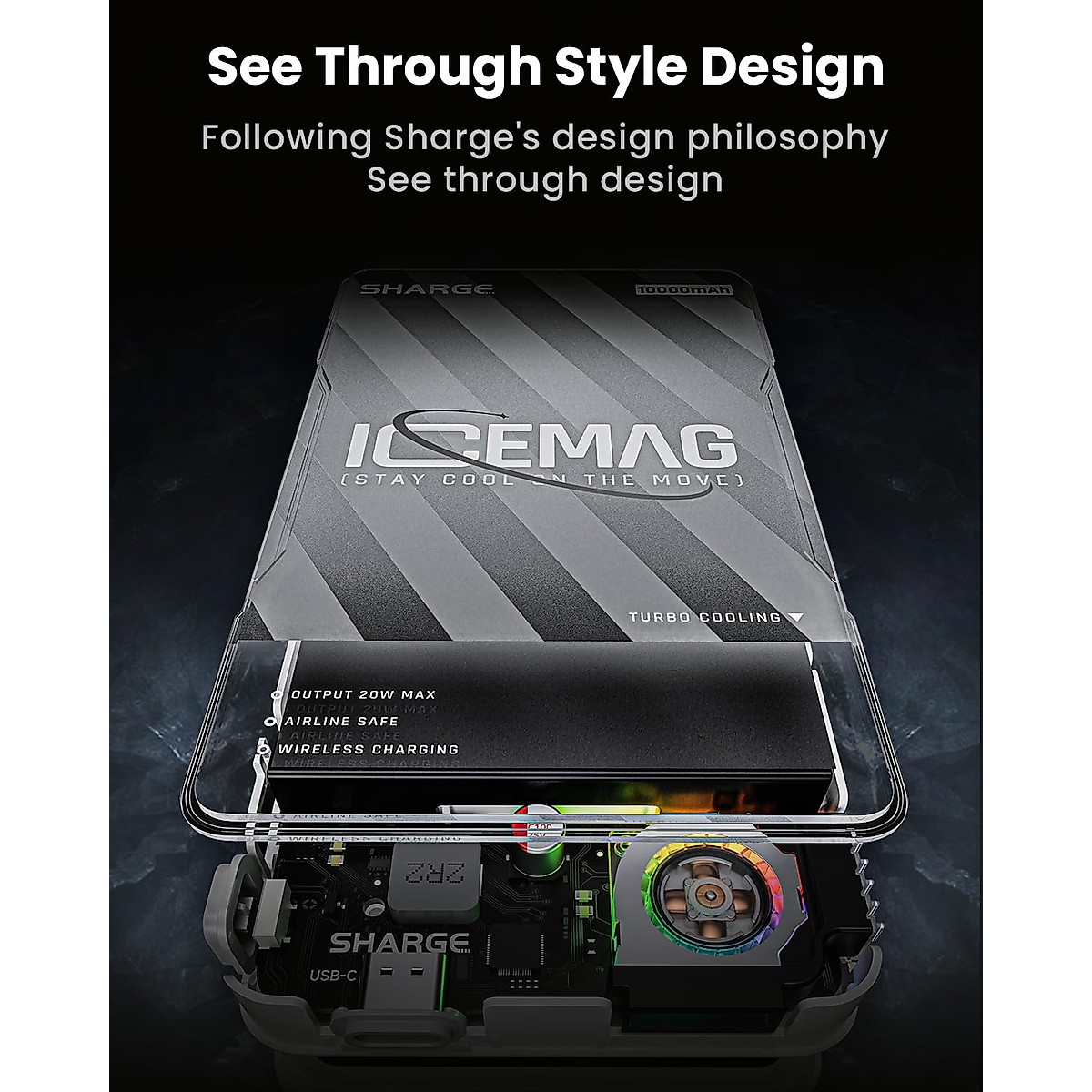 sharge ICEMAG Magnetic Power Bank, World's First 10000mAh Battery Pack with Active Cooling for MagSafe, Transparent Portable Charger with 20W USB-C Input/Output for iPhone15/15 Pro/15 Pro Max/ 14/13