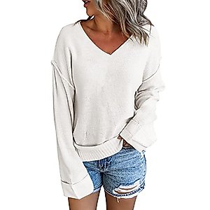 Womens V Neck Lightweight Sweaters Pullover Warm Long Sleeve Loose Casual Tunic Knit Tops White