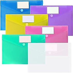 OUTYLTS 11 Pack Plastic Poly Filing Envelopes, Clear Document Folders US Letter A4 Size File Envelopes with Label Pocket & Paste Button for School Home Work Office Organization, 6 Assorted Color