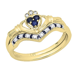 Dazzlingrock Collection 10K Round White Diamond & Blue Sapphire Bridal Heart Shape Engagement Set, Yellow Gold, Size 9