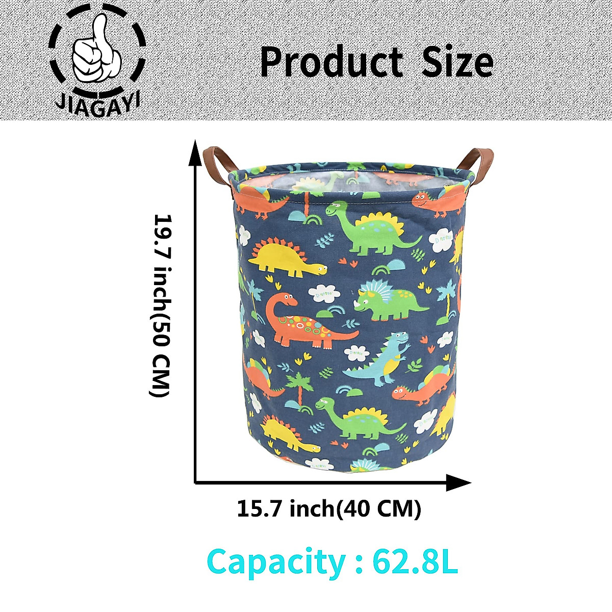 Foldable Laundry Hamper - JIAGAYI Large Round Waterproof Organizer with Handles,Home Storage,Room Toys Books Bin,Bedroom Clothes Nursery Basket.（Blue Dinosaurs）