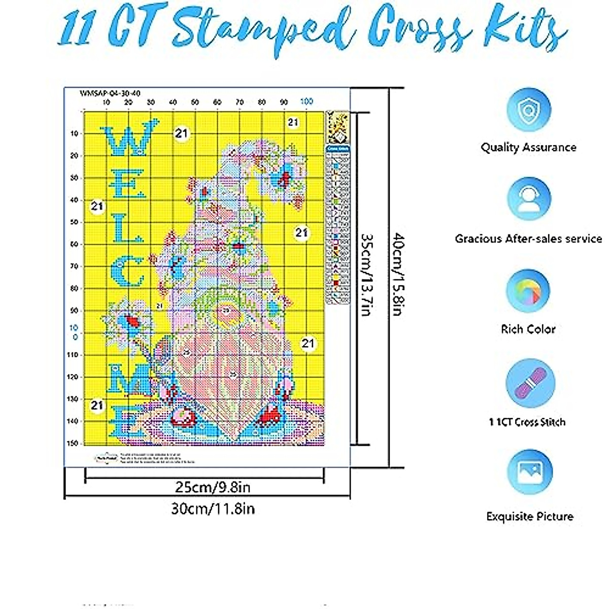 KARMOGSO Stamped Cross Stitch Kits for Adults Beginners,Gnome Welcome Counted Cross Stitch Kit,Full Range of Needlepoint Stamped Kits Needlecrafts Arts and Crafts Embroidery for Home Decor,12"x16"