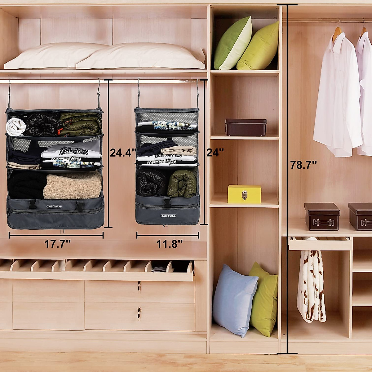 TABITORA Portable Hanging Travel Shelves Bag Packing Cube Organizer Suitcase Storage Large Capacity (Grey L)