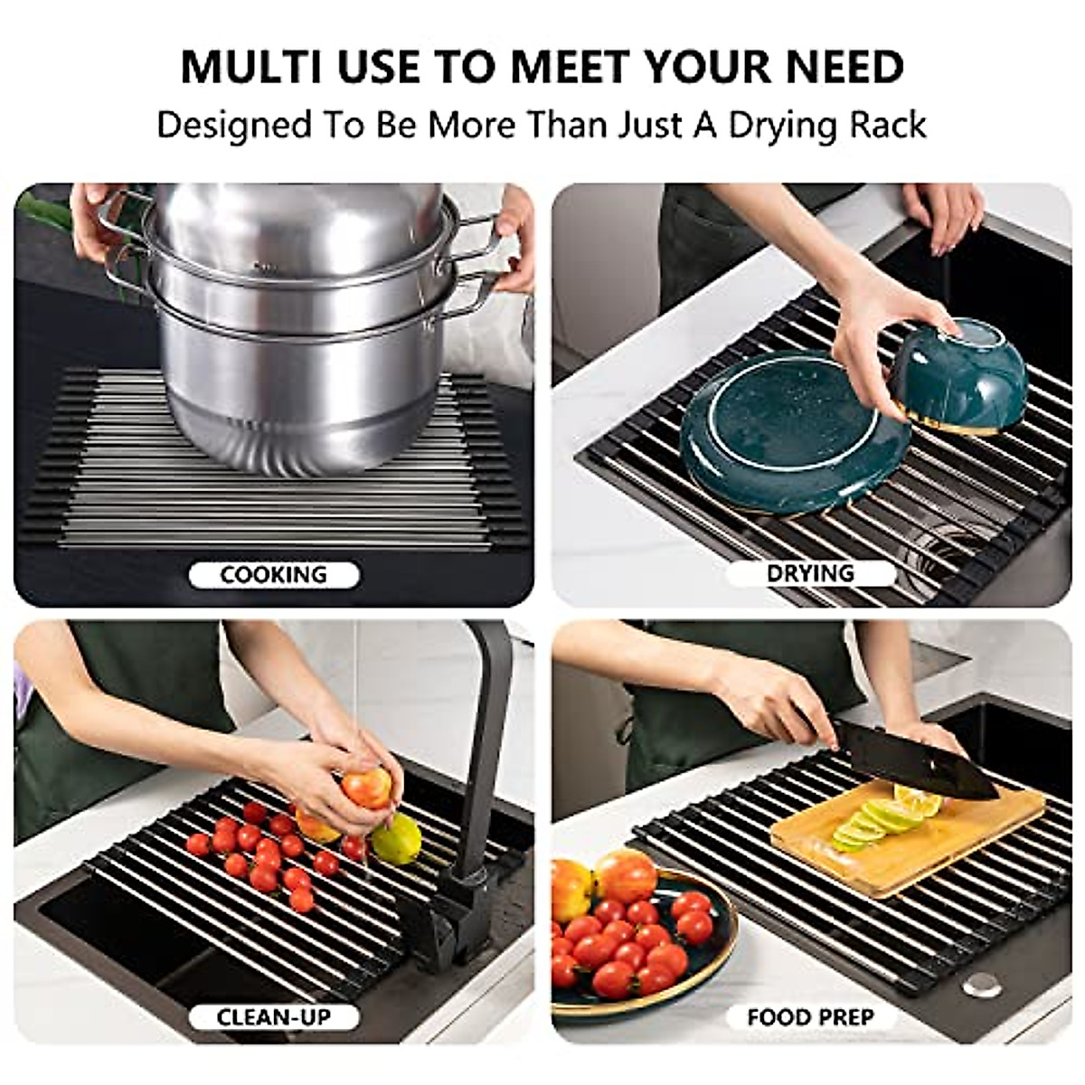 EONGOA Roll Up Dish Drying Rack Over The Sink, Foldable Sink Rack Mat, Expandable & Heavy Duty Silicone Wrapped Stainless Steel Rolling Dish Drainer, Multipurpose Kitchen Dry Rack for Sink Counter