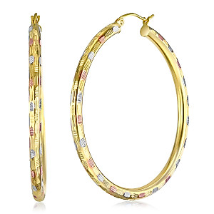 14k REAL Tri Color Gold 3mm Thickness Hinged Diamond Cut Hoop Earrings (45 x 45 mm)