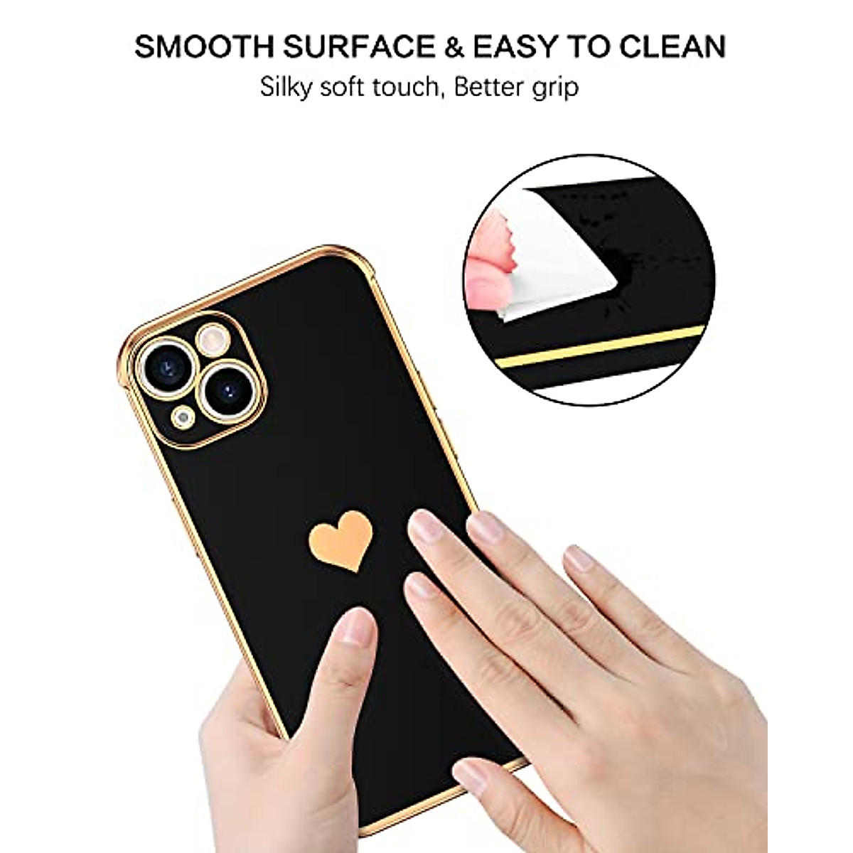 BENTOBEN iPhone 13 Slim Case, Sparkly Heart Design, Shockproof TPU Bumper, Drop Protection, 6.1", Black/Gold