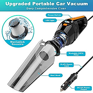 FRESMOL Portable Car Vacuum Cleaner High Power 8000PA/100W/DC12V, 16.4Ft Corded Handheld Car Vacuum with LED Light, Deep Detailing Cleaning Kit of Car Interior with Dry for Men/Women