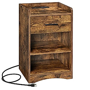 VASAGLE Nightstand with Charging Station, Bed Side Table with USB Ports and Outlets, Drawer, Storage Shelves, Plug-in Series, Rustic Brown, 40 cm x 40 cm x 64 cm