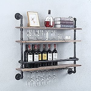 Industrial Pipe Shelf Wine Rack Wall Mounted with 9 Stem Glass Holder,3-Tiers Rustic Floating Bar Shelves Wine Shelf,36in Real Wood Shelves Wall Shelf Unit,Steam Punk Pipe Shelving Wine Glass Rack