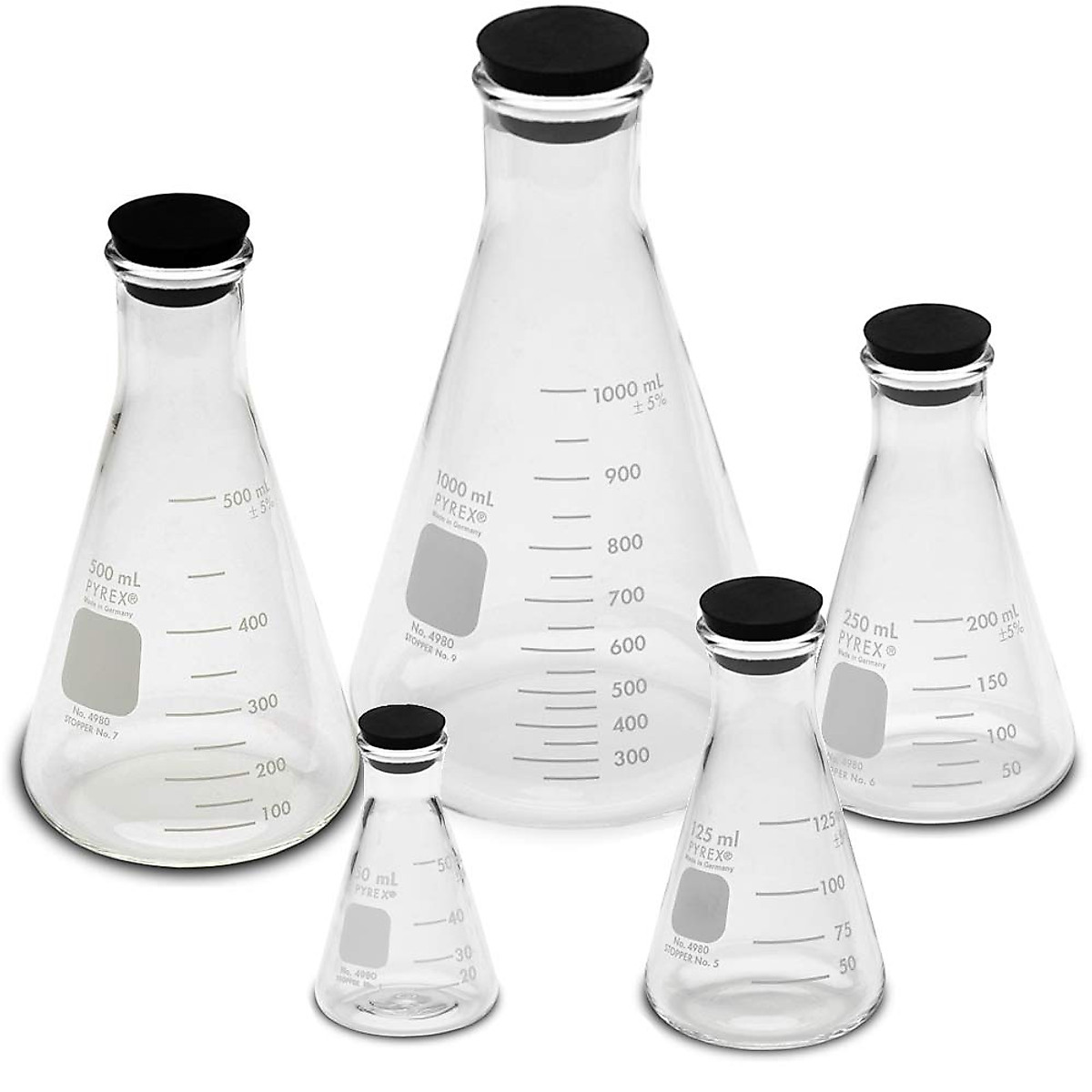 Corning Pyrex #4980-PACK(RS), Narrow Mouth Erlenmeyer Flask Set with Rubber Stoppers, 5 Sizes - 50, 125, 250, 500, 1000ml