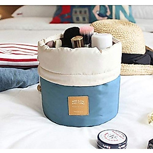 EUOW Travel Cosmetic Bags Barrel Makeup Bag,Women Portable Foldable Cases, Multifunctional Toiletry Bucket Bags Round Organizer Storage Pocket Soft Collapsible(Deepblue)