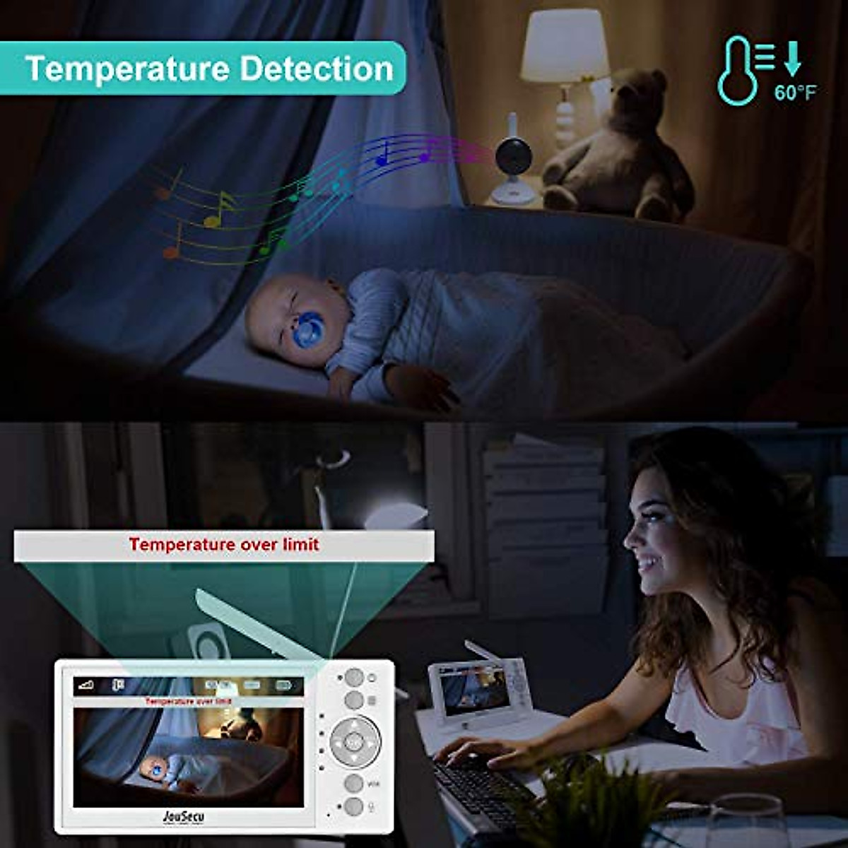 JouSecu Baby Monitor with 2 Cameras, Video Baby Monitor, 4.3 Inches LCD Split Screen, 1000ft Range Rechargeable Battery, with 2 Way Audio,Temperature Detection,Baby Crying Detection,Night Vision