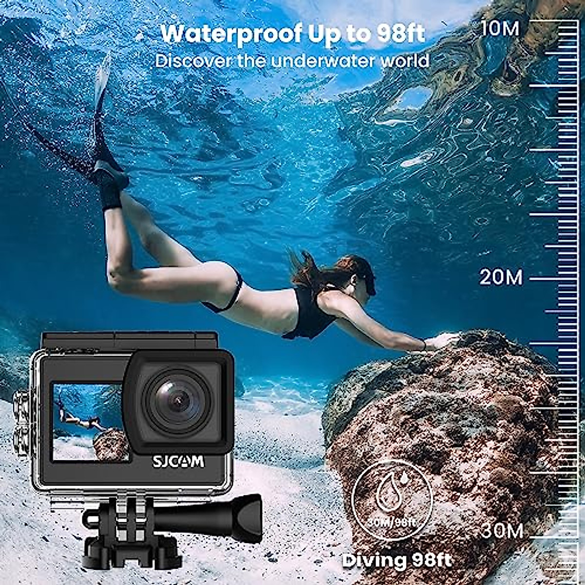 SJCAM Upgraded SJ4000 Action Camera 4K Ultra HD Dual Screen Underwater Camera 98FT Waterproof, 170° Wide Angle, Stabilization, 5X Zoom, WiFi Camera with Extra Battery, SD Card, Helmet Accessories Kit