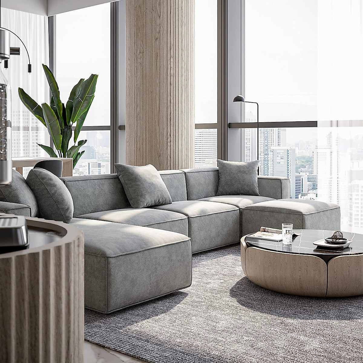 Acanva Luxury Modular Sectional Living Room Sofa Set, Modern Minimalist Style Couch with Ottoman and Chaise, U-Shape, Chenille Grey