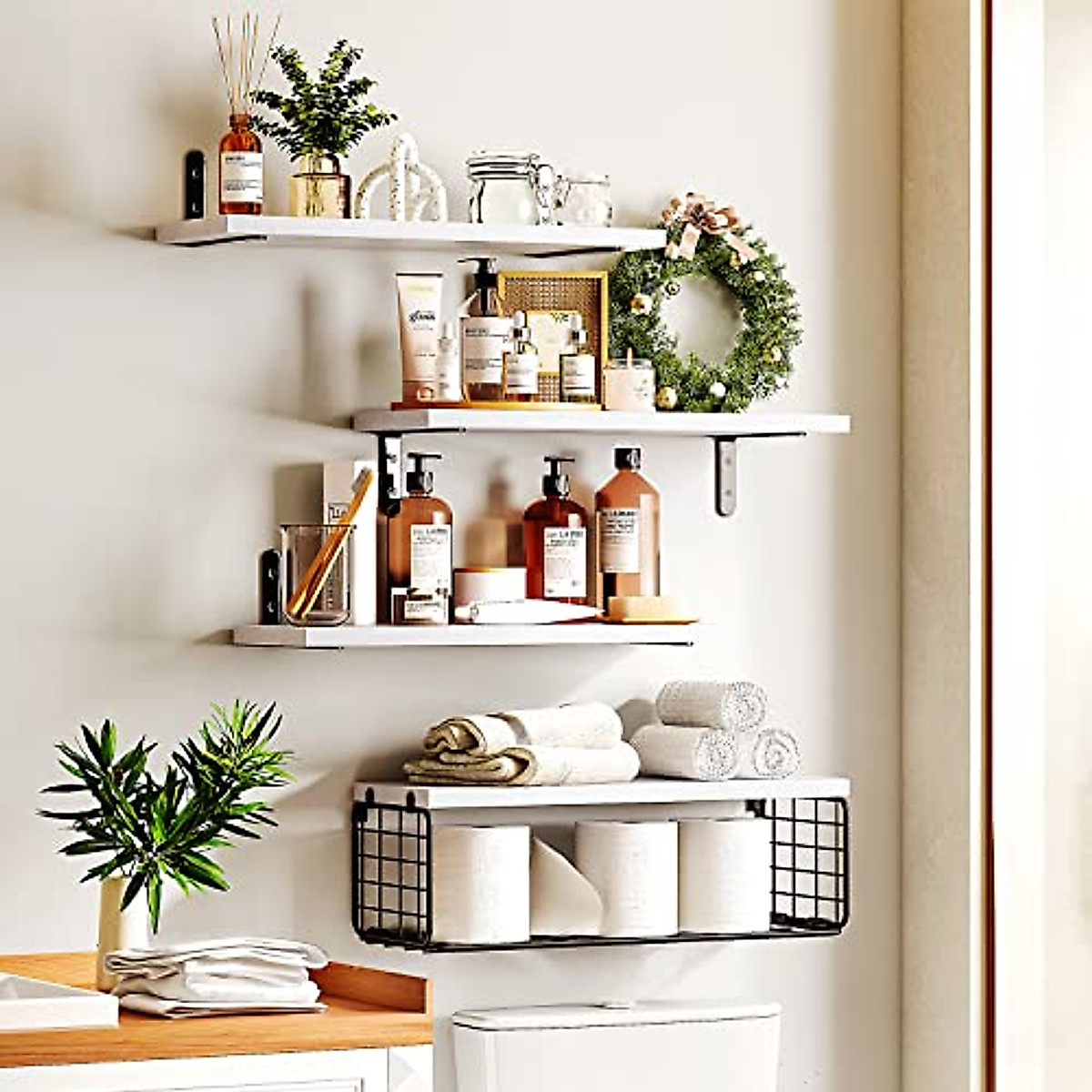 Fixwal 4+1 Tier Floating Shelves, Rustic Wood Wall Mounted Shelf, Bathroom Shelves Over Toilet with Wire Storage Basket, Farmhouse Wall Decor for Bedroom, Kitchen, Living Room and Plants (White)