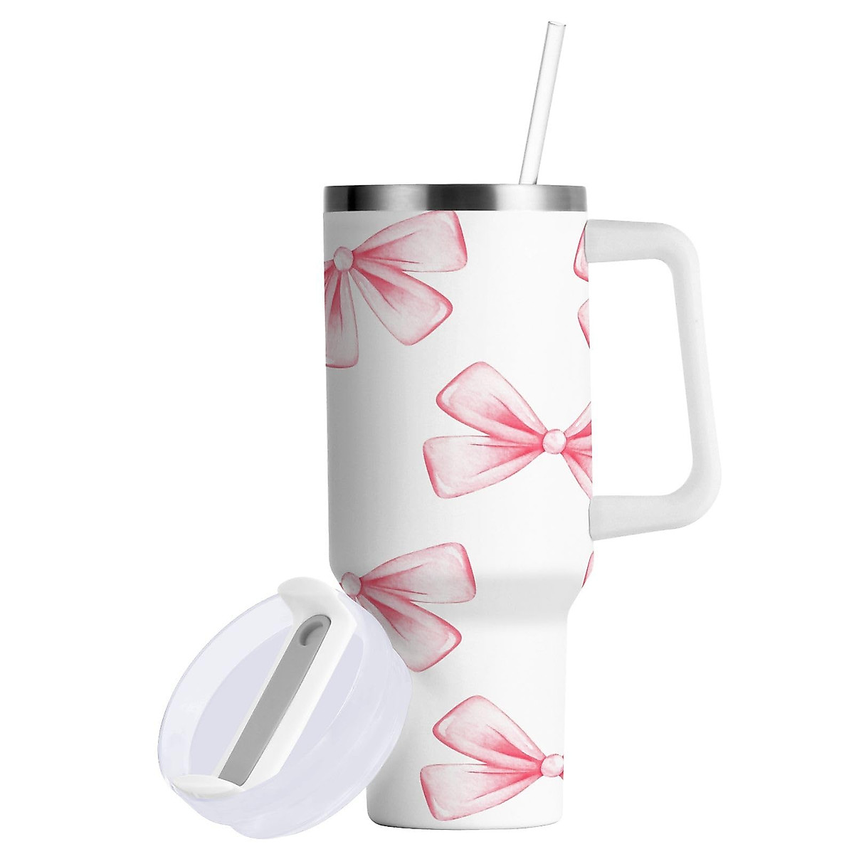 KEEPREAL 40 oz Pink Bow Tie Tumbler with Handle, Insulated Sports Water Bottle with Lid and Straw, Thermal Stainless Steel Travel Coffee Mug Cup