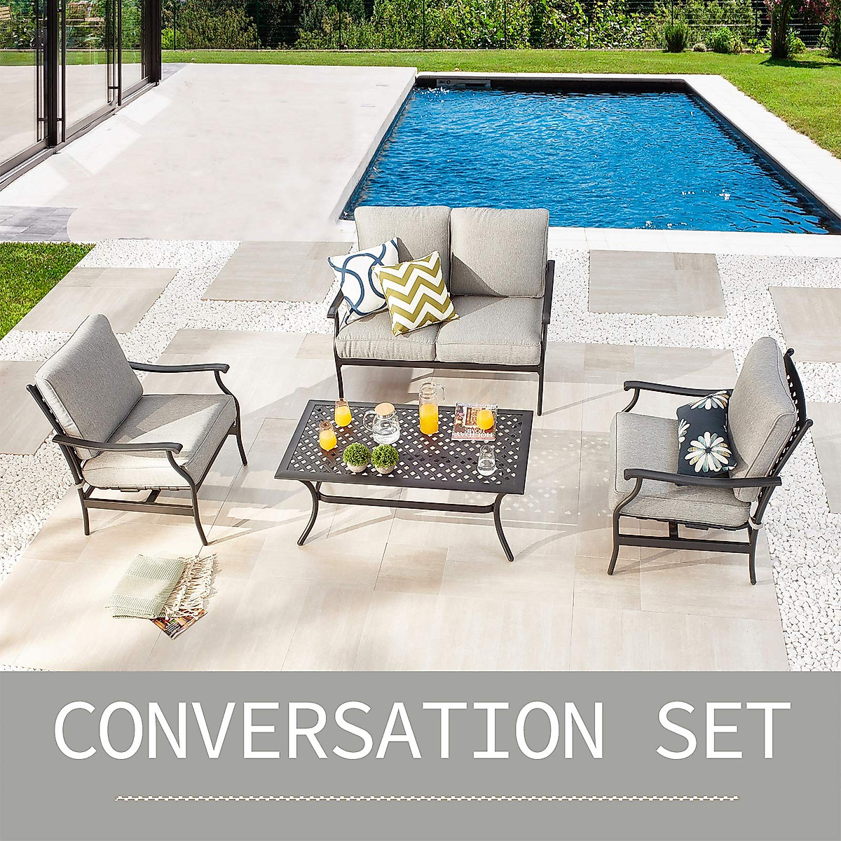 Sports Festival 4 Pieces Outdoor Furniture Patio Conversation Set All Weather Black Metal Armchairs Loveseat with Seat and Back Cushions Rectangle Coffee Table for Deck Lawn Garden (Grey)