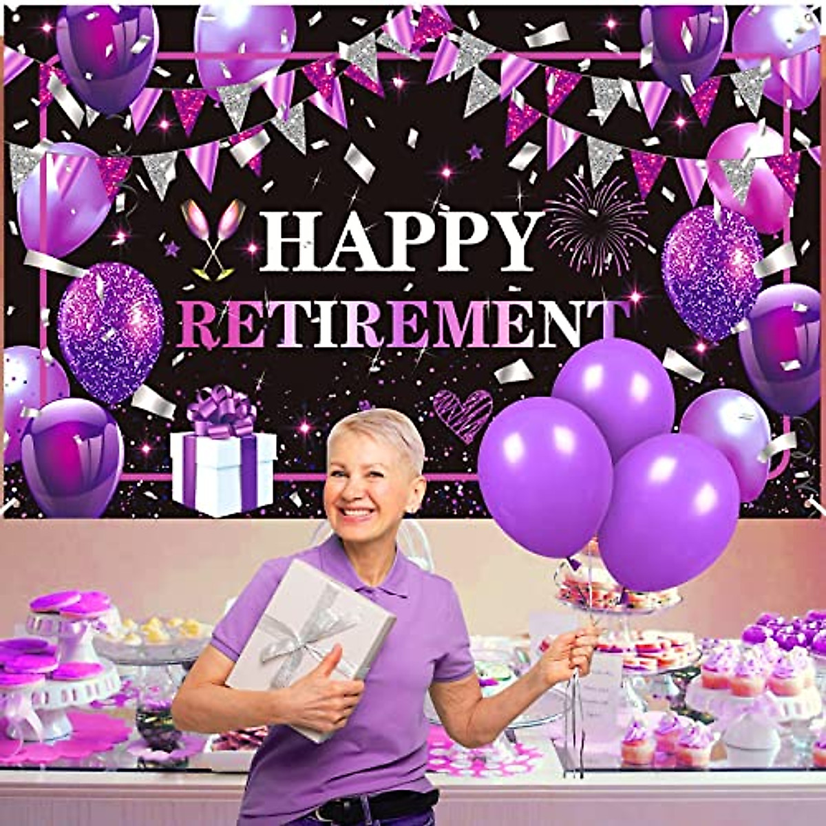 Purple Happy Retirement Banner Decorations Large Purple and Black Retirement Backdrop Sign in Retirement Theme Party Photo Booth Background for Women Men Retirement Office Farewell Party Supplies