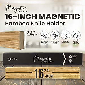B-Line shop Magnetic Knife Holder for Wall- Strong Magnet for Knives- 16 Inch Wooden Knife Strip- Elegant Bamboo Wood Kitchen Knife Magnetic Holder- Easy to Install, Heavy Duty Magnet for 6 Knives