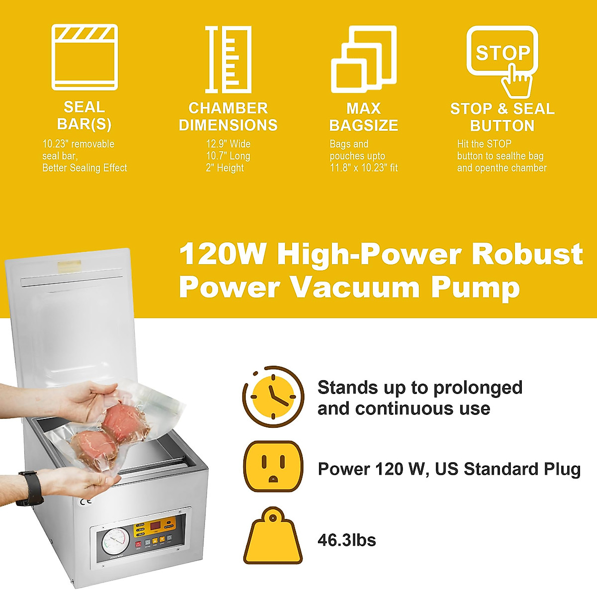 CNCEST Chamber Vacuum Sealer Machine,110V 120W Stainless Steel Tabletop Commercial Kitchen Food Chamber Vacuum Sealer Packaging Machine for Food,Fruit,Home, Commercial Using