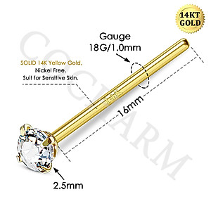 COCHARM 18g Fishtail Nose Rings 14k Real Gold Nose Stud Ring Custom Bend Nose Piercing Jewelry for Women Men CZ 2.5mm