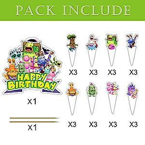 25pcs Singing Monsters Cake Decorations with 24pcs Cupcake Toppers, 1pcs Cake Topper for Singing Monsters Birthday Party Supplies