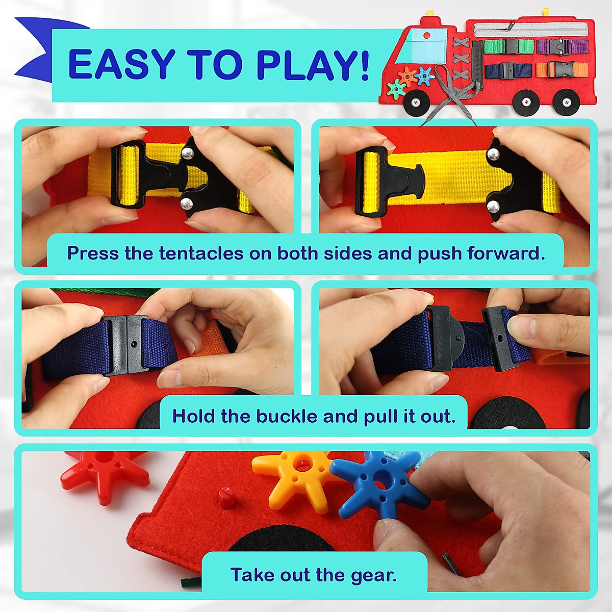 Busy Board for Toddlers 1-3 or 2-4, Firetruck Preschool Educational Early Learning Toy, Basic Life Skills and Fine Motor Montessori Activities for Kids, Learn to Dress Sensory Toy as Travel Game