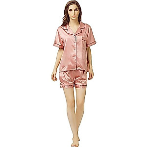 EQIQU Womens Silk Satin Pajamas Set Two-Piece Pjs Sets Short Sleeve Sleepwear Button-Down Loungewear Rose Gold Medium