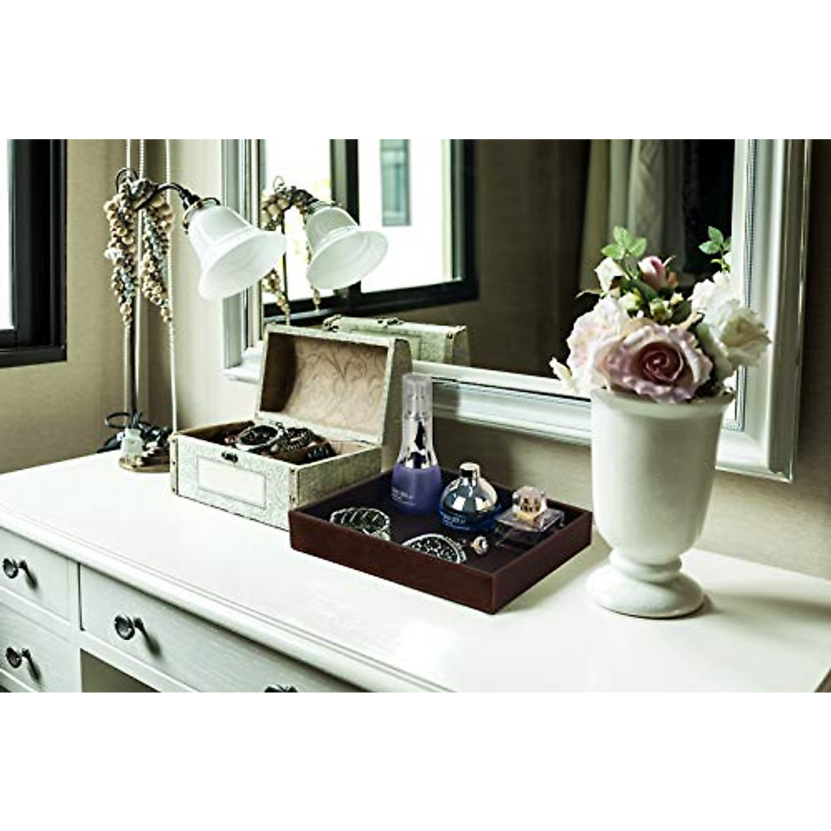 HofferRuffer Decorative Vanity Tray, Desktop Storage Organizer, Catchall Tray, Valet Tray, Nightstand or Dresser Organizer, PU Faux Leather Bathroom Tray, Brown, 10.2 x 8.4 x 1.8 inches