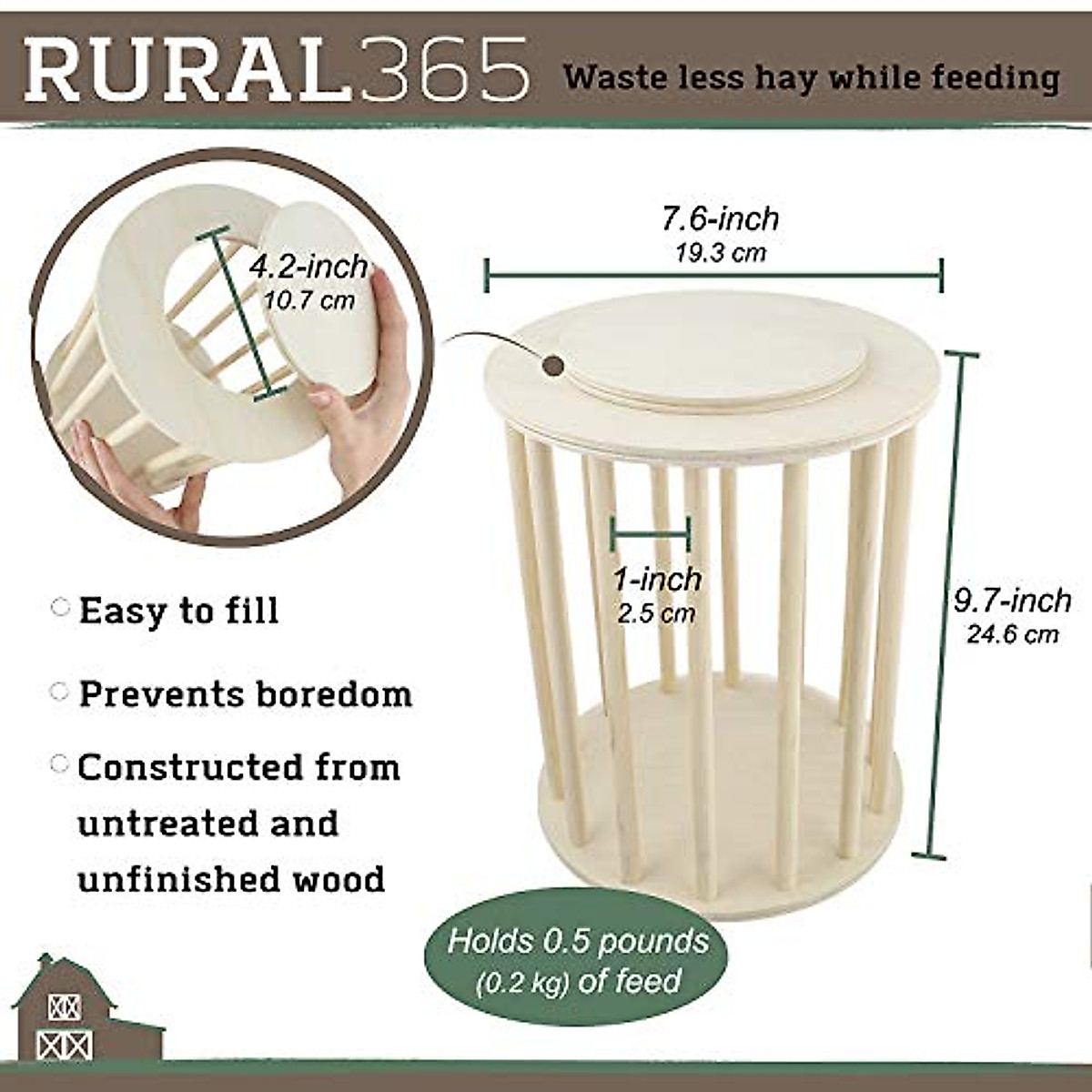 Rural365 Rabbit Hay Feeder Rack for Small Animals, 7.6in Round - Bunny Feeder, Guinea Pig Food Bowl, Chinchilla Hay Bin