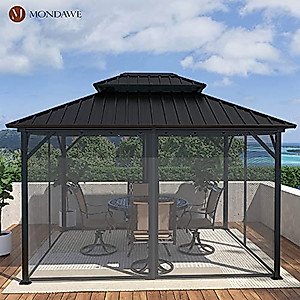12' X 10' Aluminum Hardtop Gazebo with Nettings and Gutter Heavy Duty Outdoor Patio Double Roof Gazebo Pavilion Galvanized Steel Permanent Gazebo Canopy Grill Shelter for Backyard, Deck