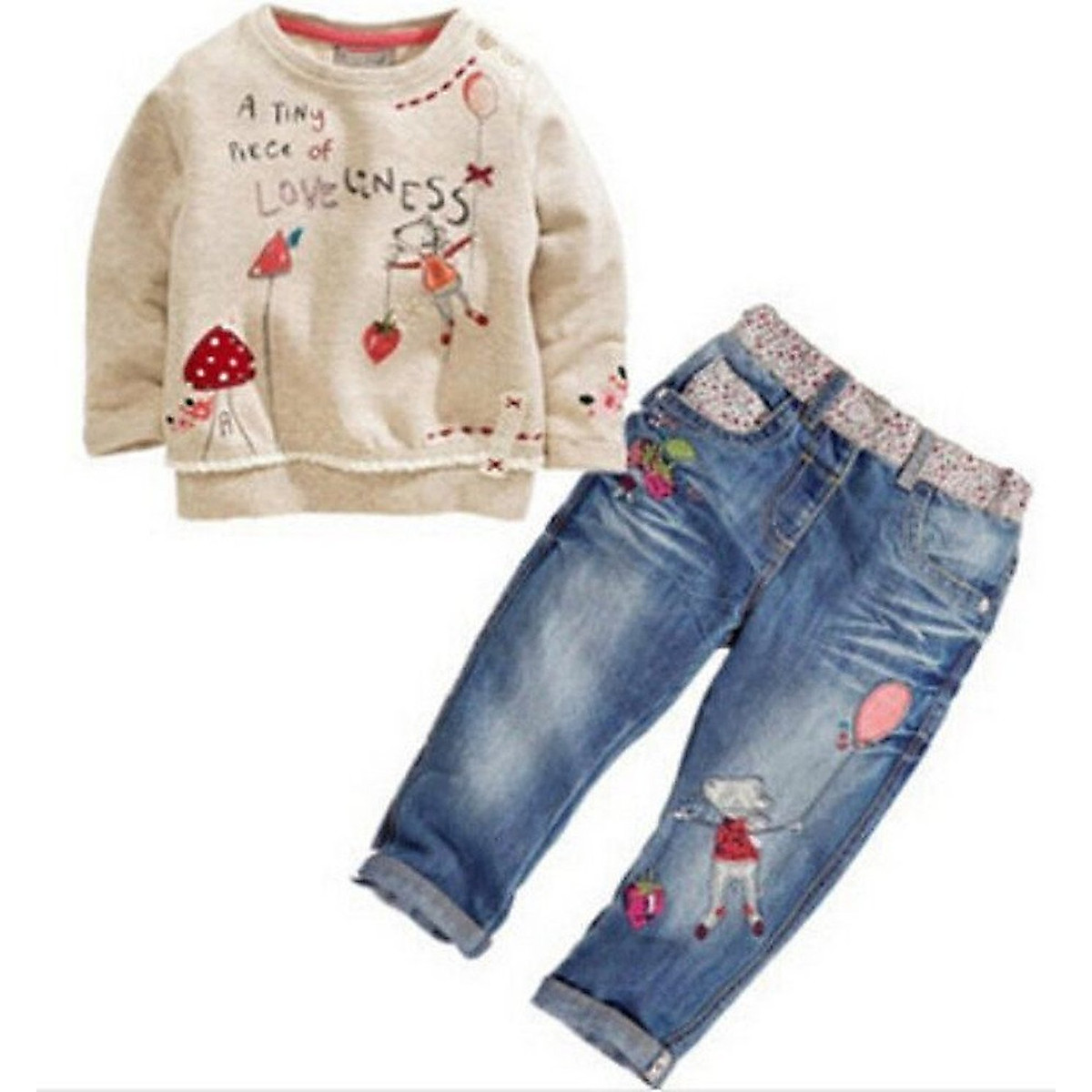 Little Girl's Long Sleeve Cartoon Pullover Shirt and Jeans Pants Outfit Set, Apricot, 4T